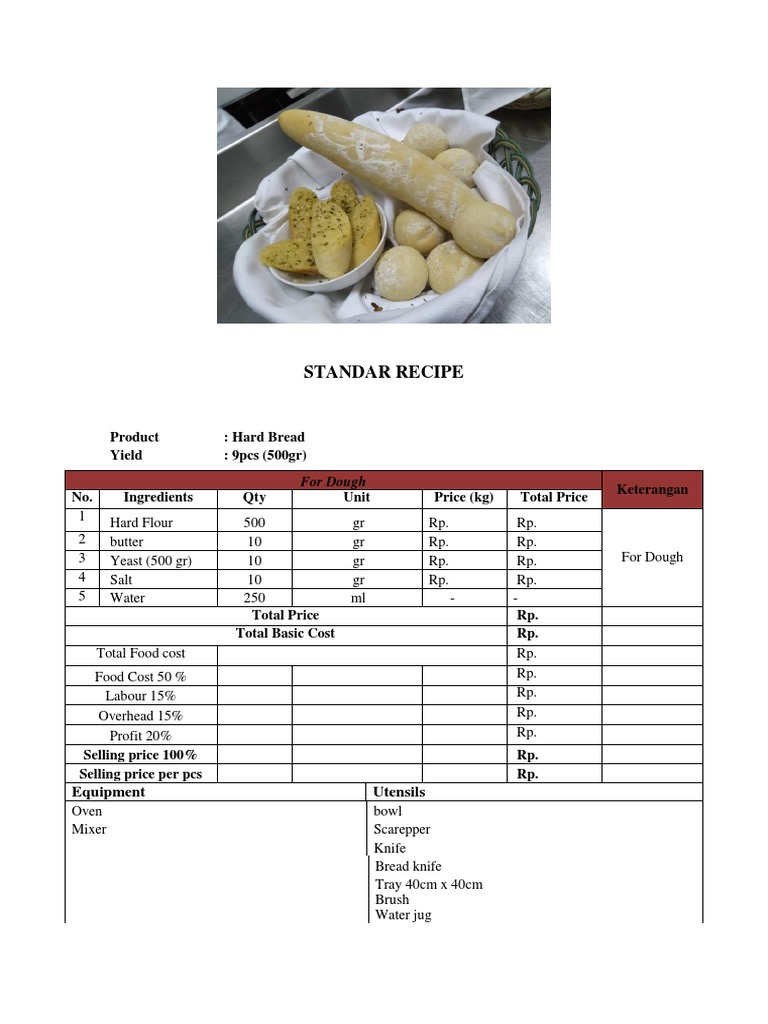 Hard Bread Standard Recipe and Costing | PDF