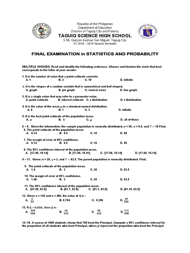 Taguig Science High School: Final Examination in Statistics and ...