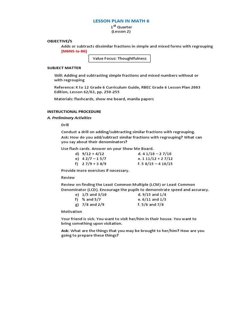 Lesson Plan in Math 6 Ma'am Mendiola | PDF | Subtraction | Fraction ...