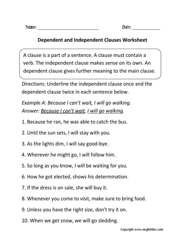 Dependent and Independent Clauses Worksheet | PDF
