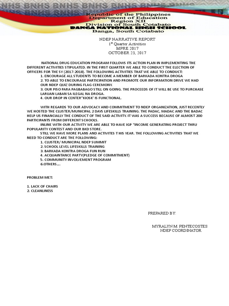 First Quarter 2017 Activities and Plans of the National Drug Education ...