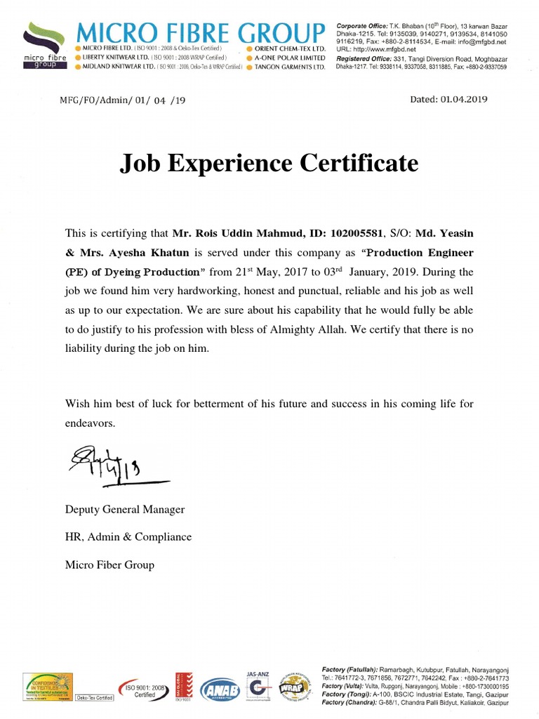 Job Experience Certificate | PDF