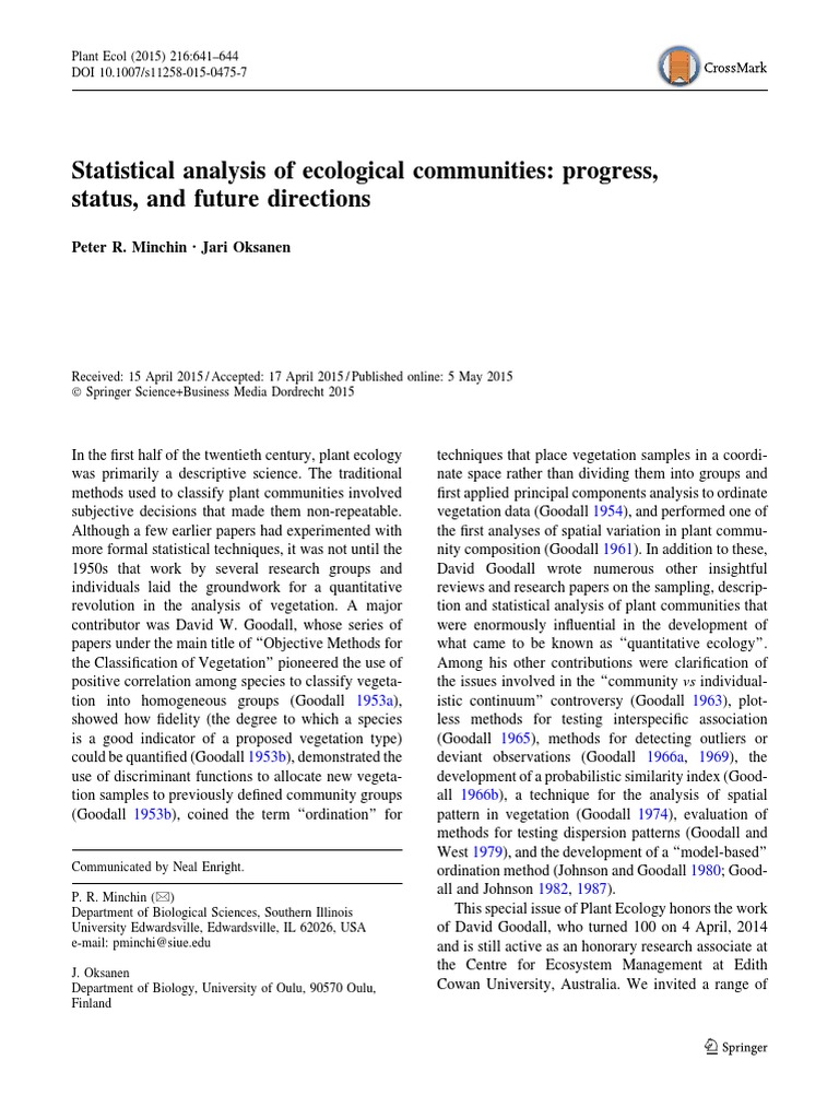 Statistical Analysis of Ecological Communities: Progress, Status, and ...