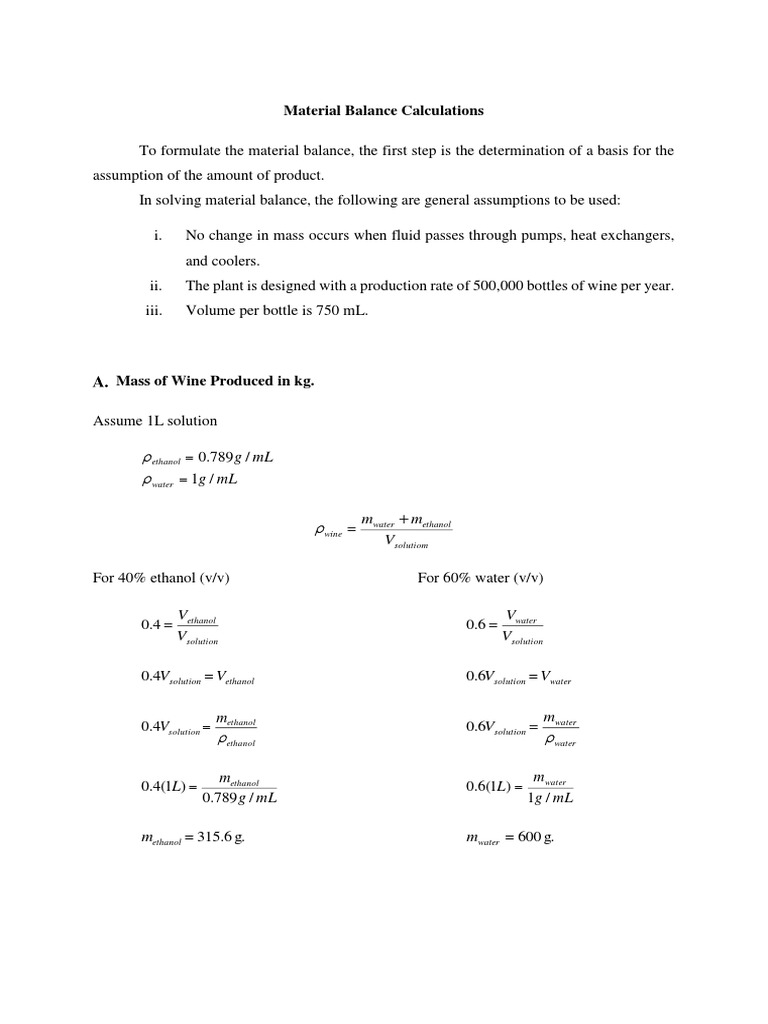 Material Balance Calculations Ieedit | PDF | Fermentation | Filtration