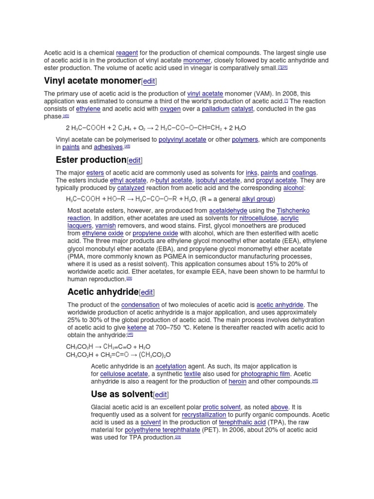 APPLICATIONs OF ACETIC ACID | PDF | Acetic Acid | Chemical Compounds