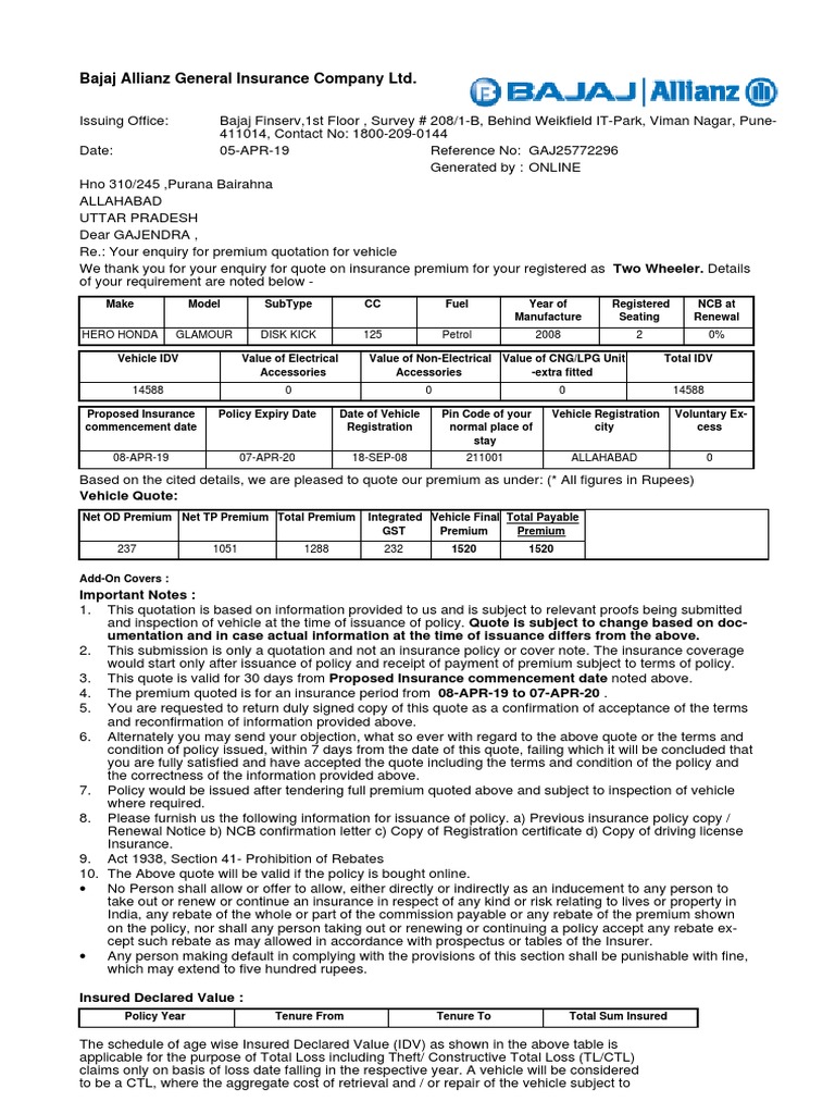 Bajaj Allianz Two Wheeler Insurance Quote | PDF | Insurance Policy ...