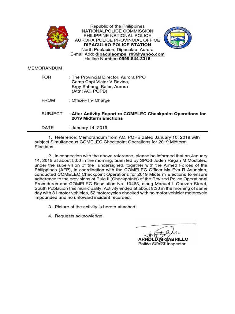AAR Re COMELEC Checkpoint January 14, 2019 @0500-0830h | PDF