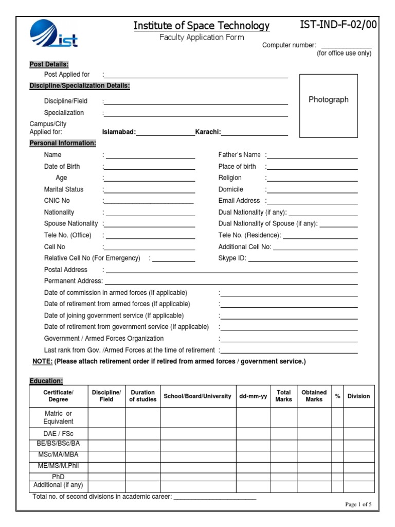 Institute of Space Technology IST-IND-F-02/00: Faculty Application Form ...