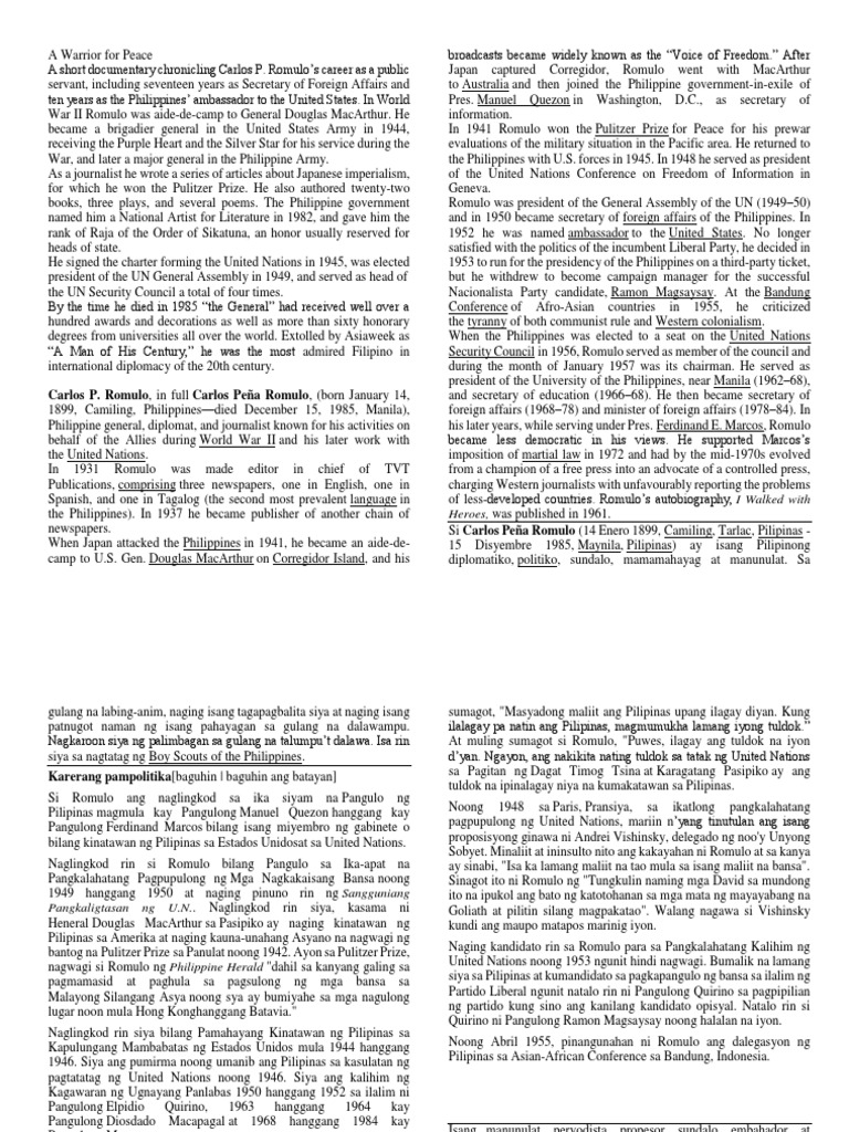 Carlos P. Romulo, in Full Carlos Peña Romulo, (Born January 14 | PDF ...