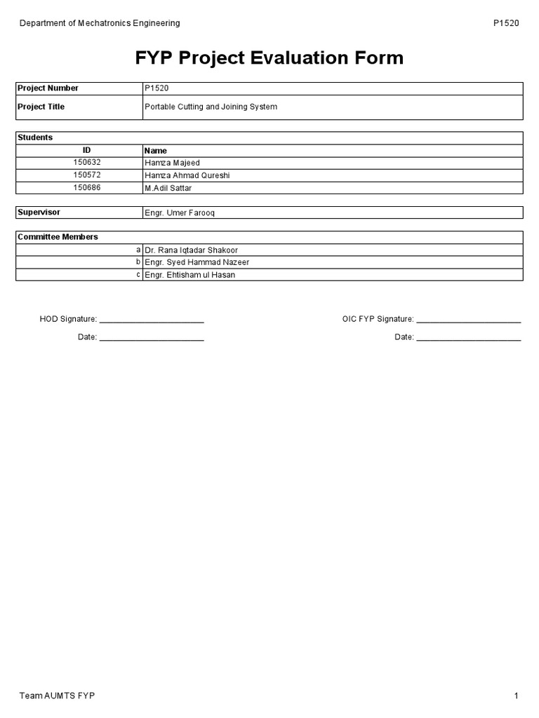 FYP Project Evaluation Form: Project Number Project Title | PDF | System | Evaluation