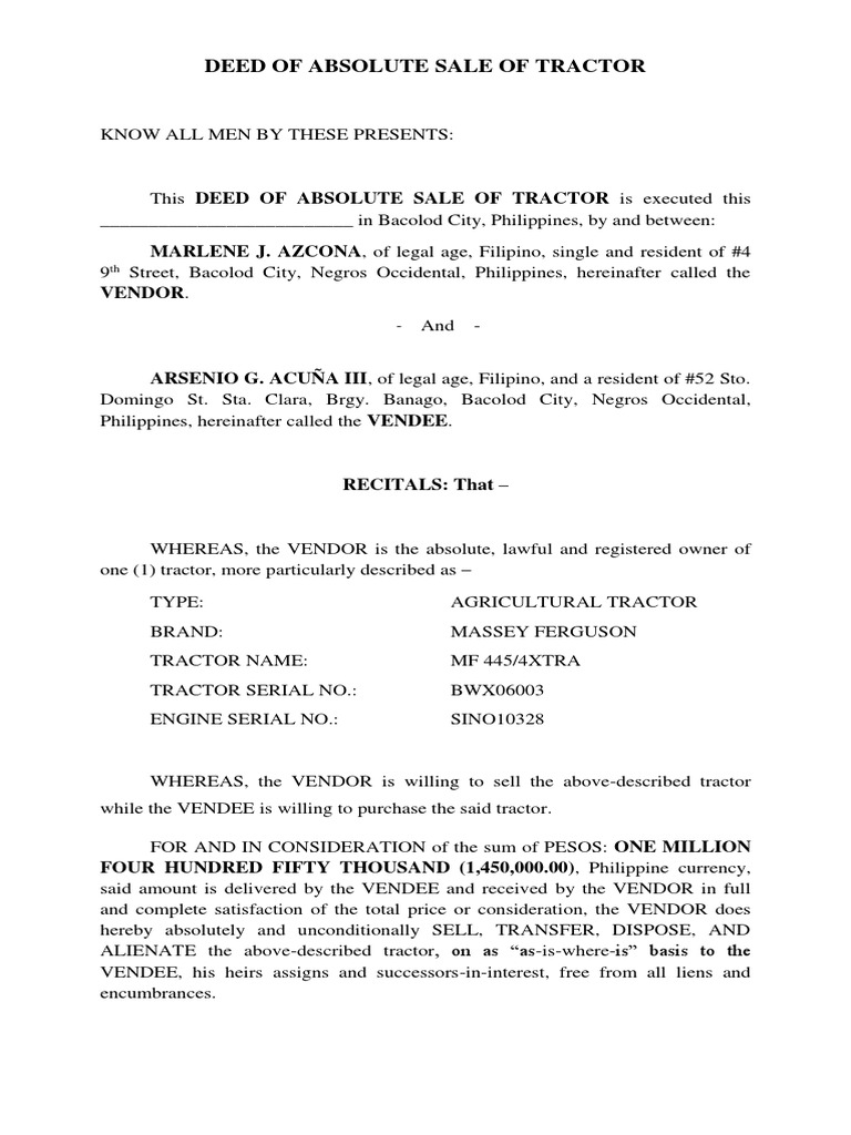 Deed of Absolute Sale: Massey Ferguson Tractor | PDF | Deed | Private Law