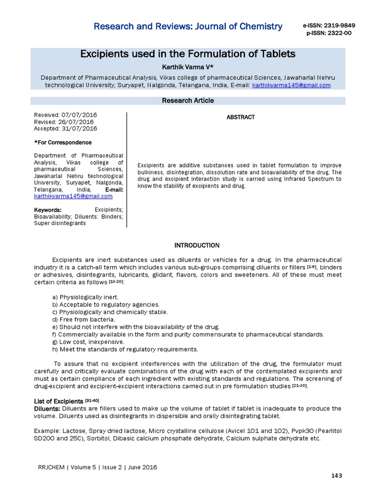 Excipients Used in The Formulation of Tablets | PDF | Tablet (Pharmacy ...