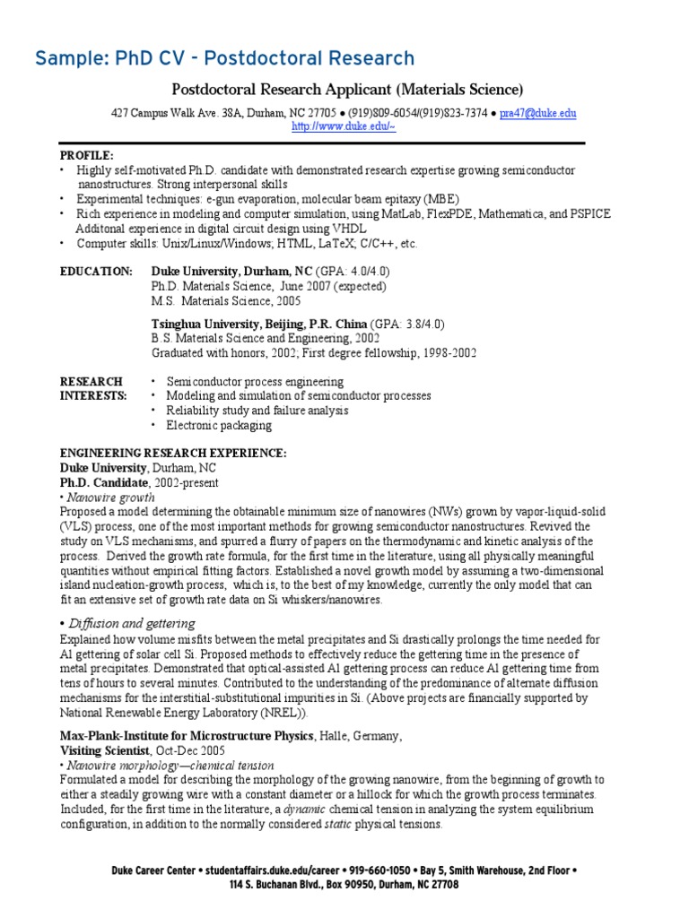 CV Example PHD Postdoc | PDF | Nanowire | Silicon