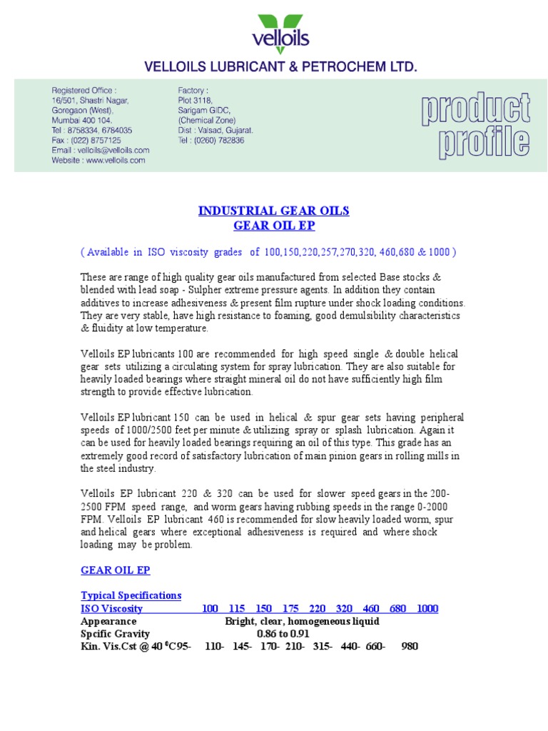Industrial Gear Oils Gear Oil Ep: (Available in ISO Viscosity Grades of ...