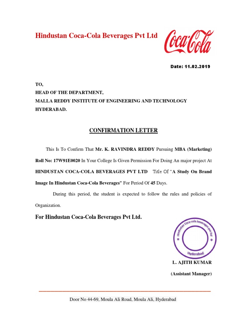 Hindustan Coca-Cola Beverages PVT LTD: Confirmation Letter | PDF