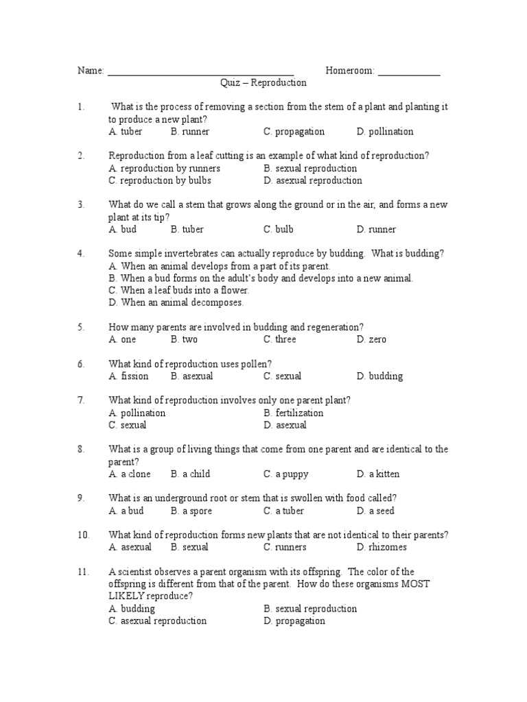 Reproduction Quiz | PDF | Sexual Reproduction | Reproduction