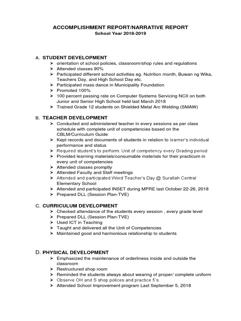 Accomplishment Report/Narrative Report: Student Development | PDF ...