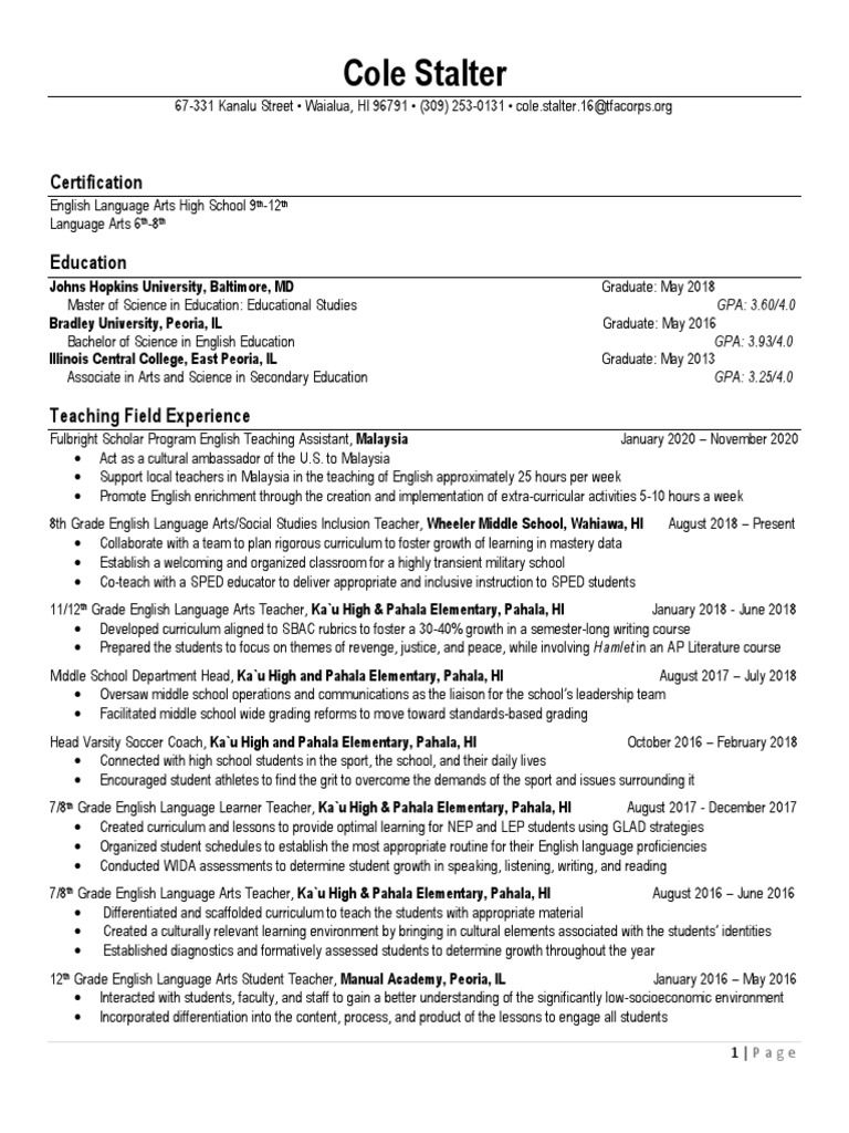 Stalter Cole Resume 4 | PDF | Teachers | Curriculum