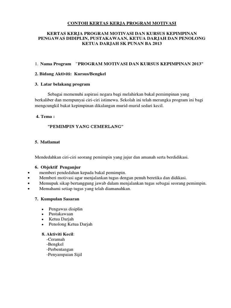 Contoh Kertas Kerja Program Motivasi | PDF