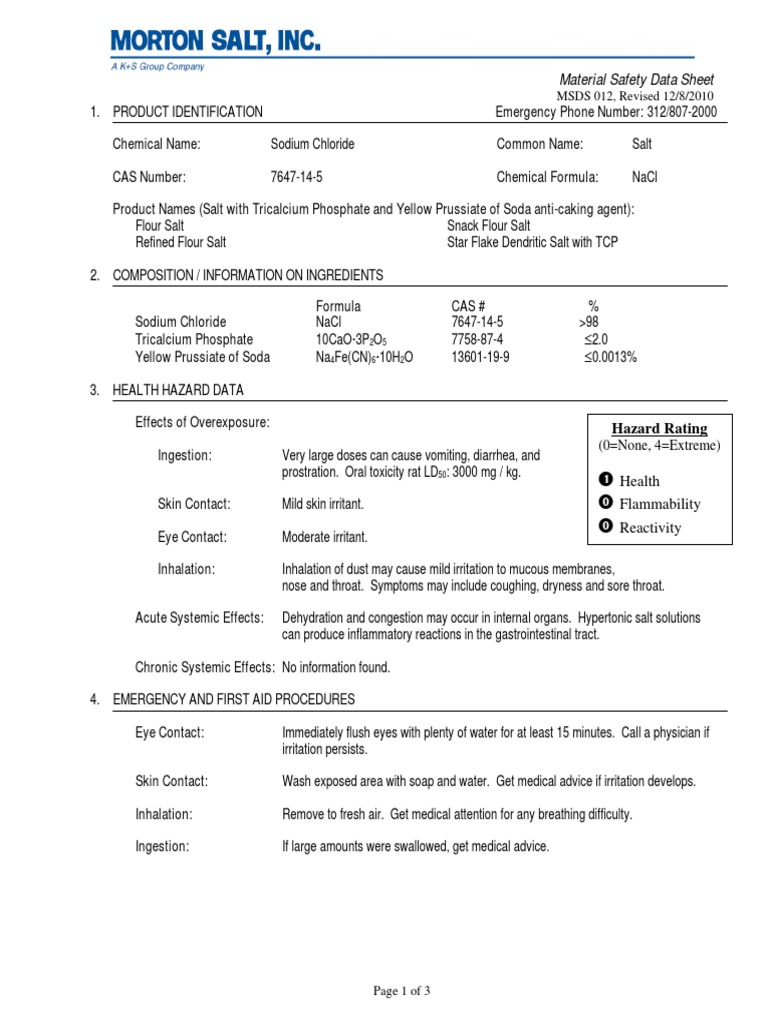 SDS Bag Salt | PDF | Sodium Chloride | Chlorine