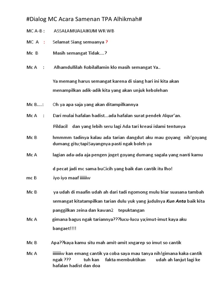 Dialog MC Acara Samenan TPA Alhikmah | PDF