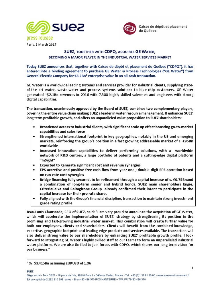 PR Suez GE Water Acquisition 2017-03-08 en | PDF | Mergers And ...