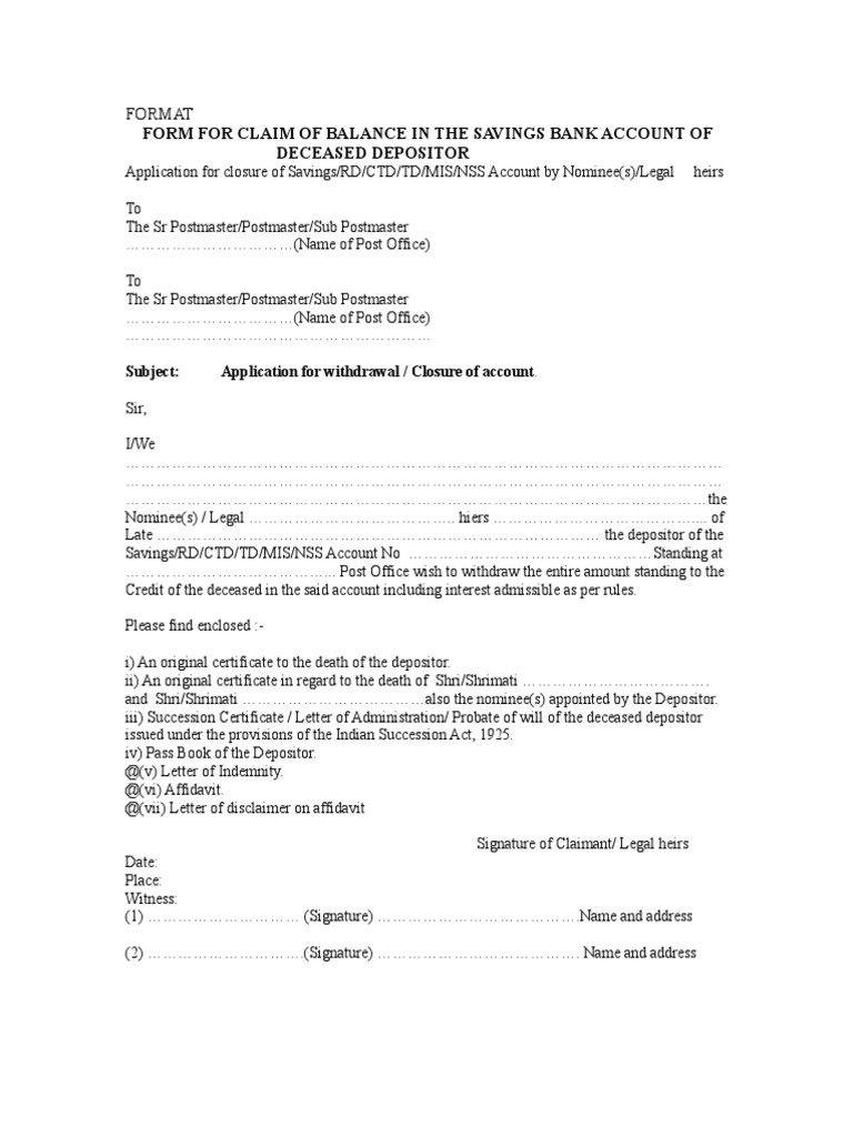 Format Form For Claim of Balance in The Savings Bank Account of | PDF ...