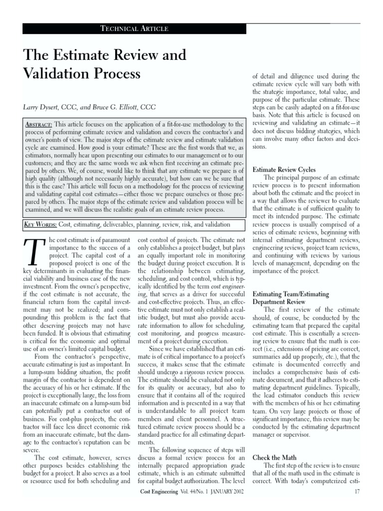 The Estimate Review and Validation Process: Larry Dysert, CCC, and ...