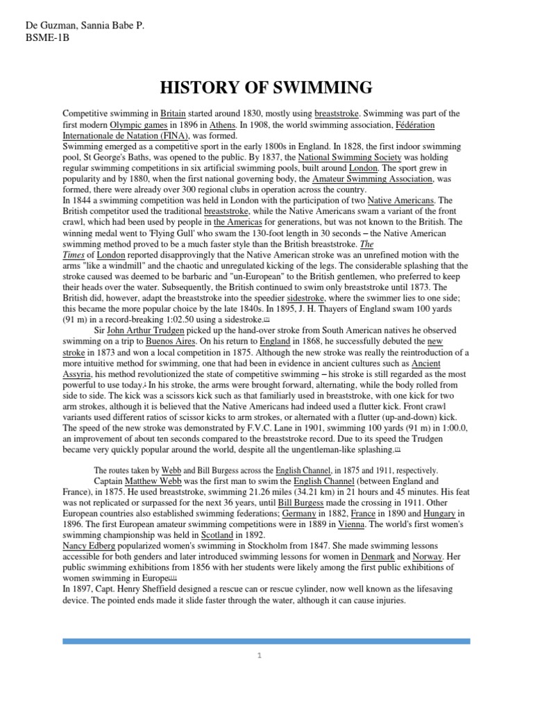 History and Evolution of Swimming | PDF | Swimming (Sport) | Bathing
