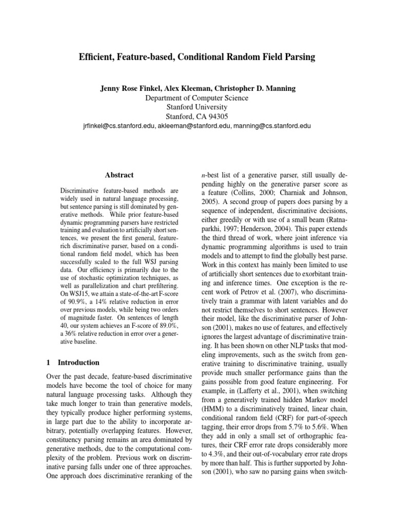 Efficient, Feature-Based, Conditional Random Field Parsing: Jenny Rose Finkel, Alex Kleeman ...