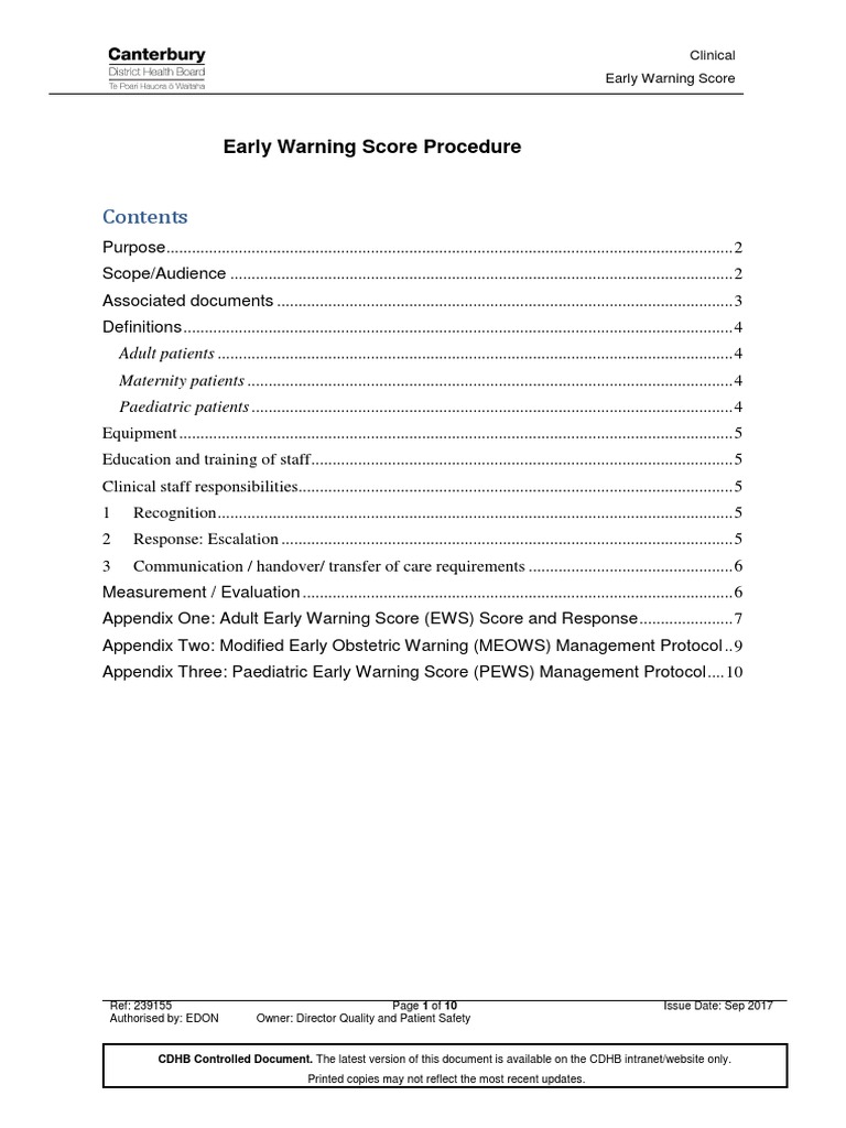 Early Warning Score (EWS) Procedure 239155 | PDF | Health Sciences ...