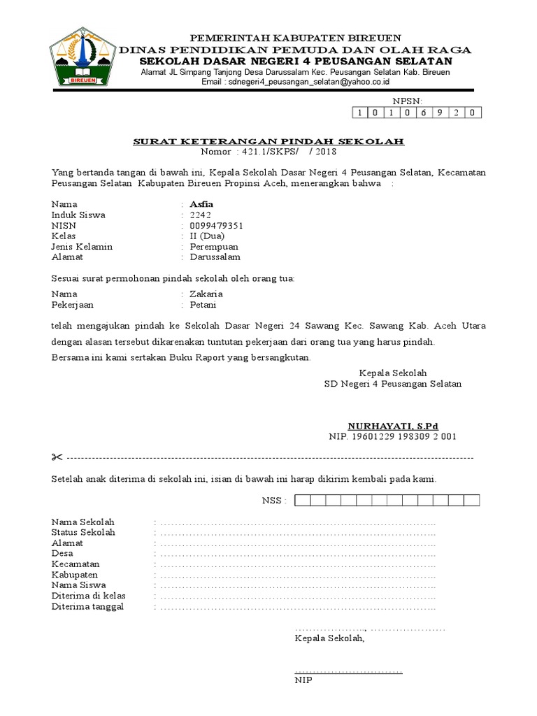 Surat Keterangan Pindah Sekolah | PDF