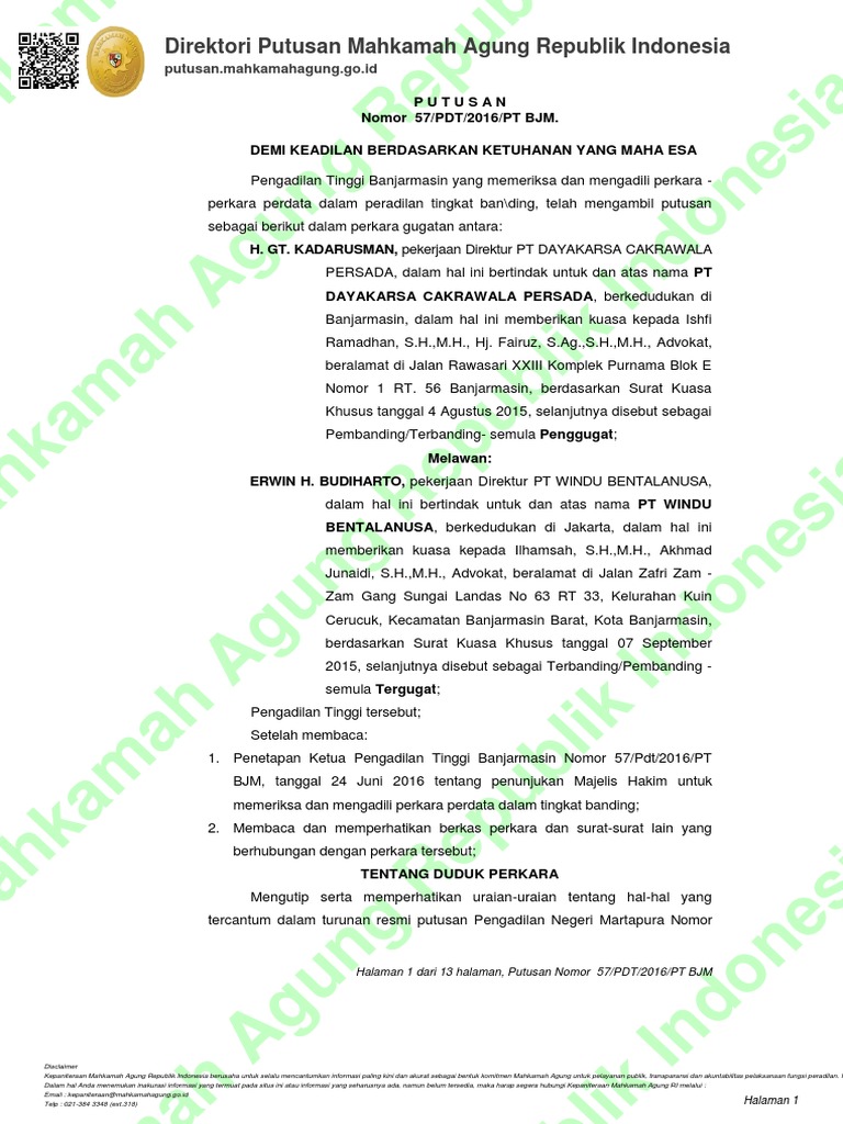Putusan Banding PT BJM 57/PDT/2016 | PDF