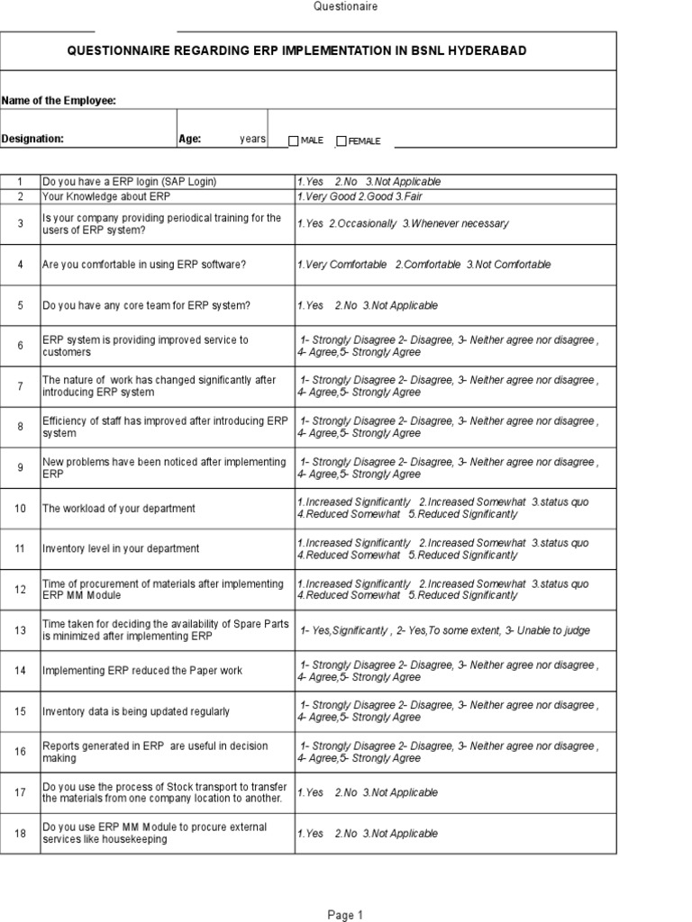 ERP Questionnaire 7 Jan 2019 | PDF | Enterprise Resource Planning ...