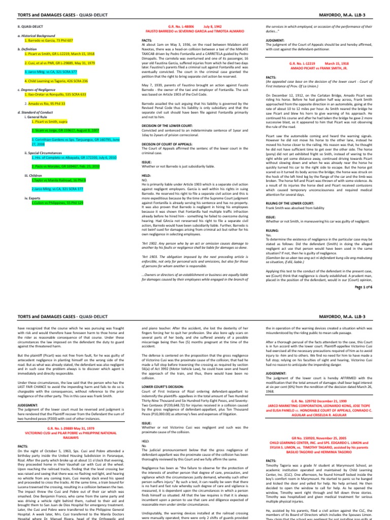 Torts - Quasi Delict | PDF | Negligence | Damages