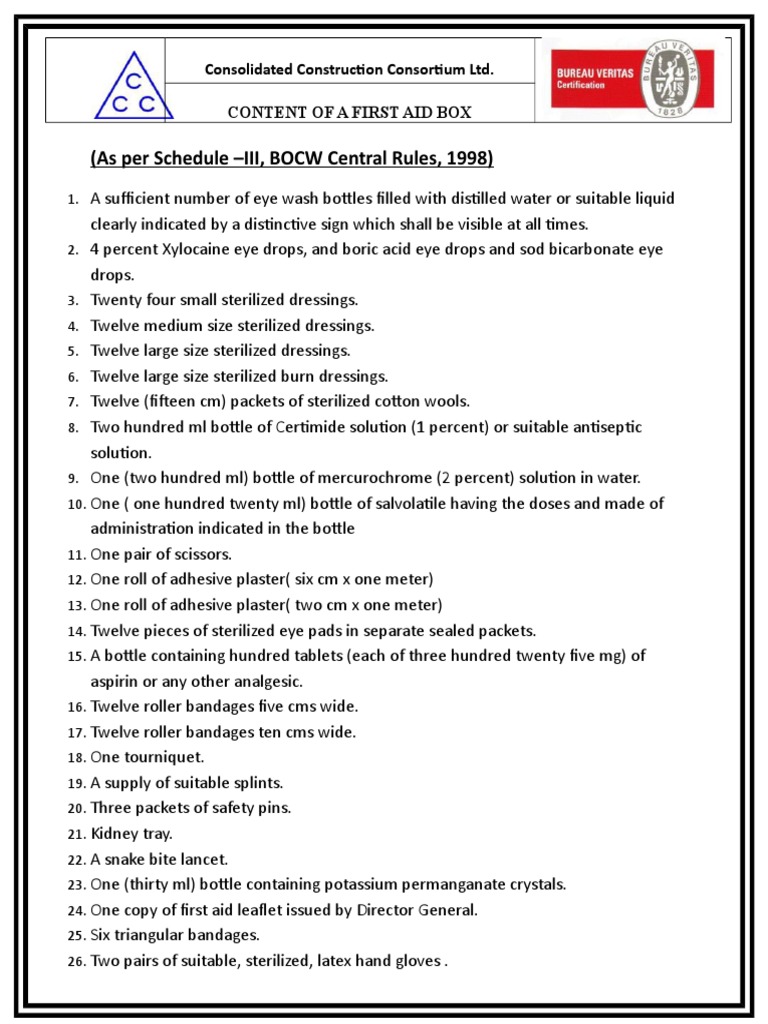 BOCW First Aid Box Contents List | PDF | Home & Garden