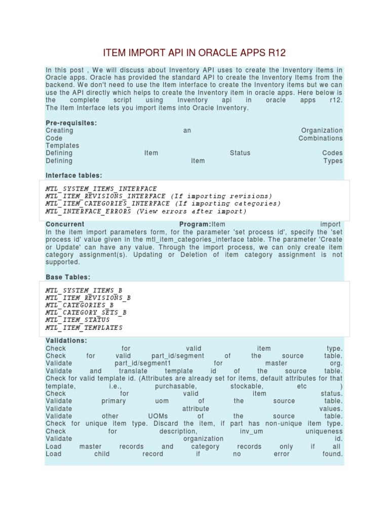 Oracle Ebs Item Import Api In Oracle Apps R122 Pdf Application Programming Interface 