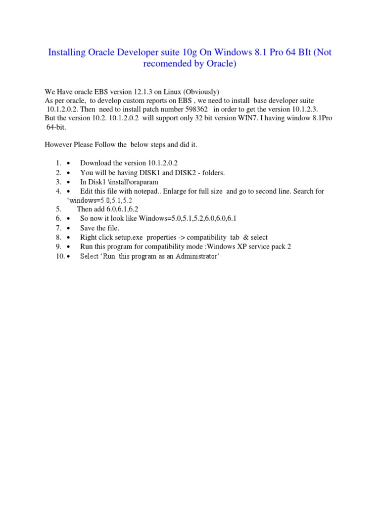 Installing Oracle Developer Suite 10g On Windows 8 | PDF
