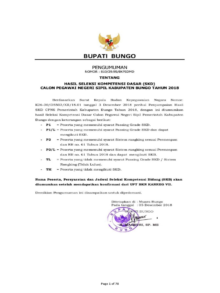 Pengumuman Rekap Nilai SKD Dan Peserta SKB Final 2018 | PDF