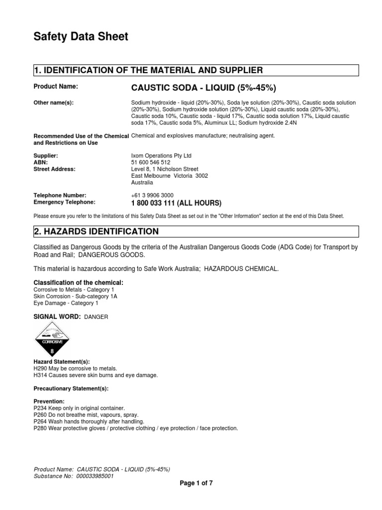 MSDS 1 | Dangerous Goods | Sodium Hydroxide