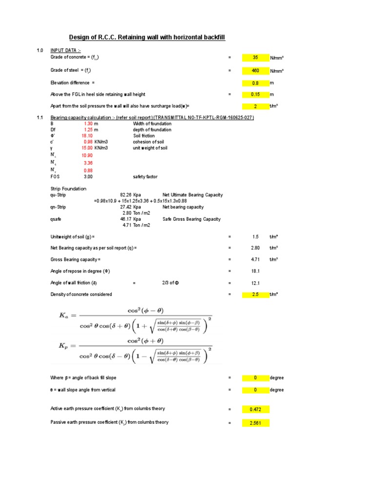 RCC Retaining Wall Design Analysis | PDF | Friction | Slope