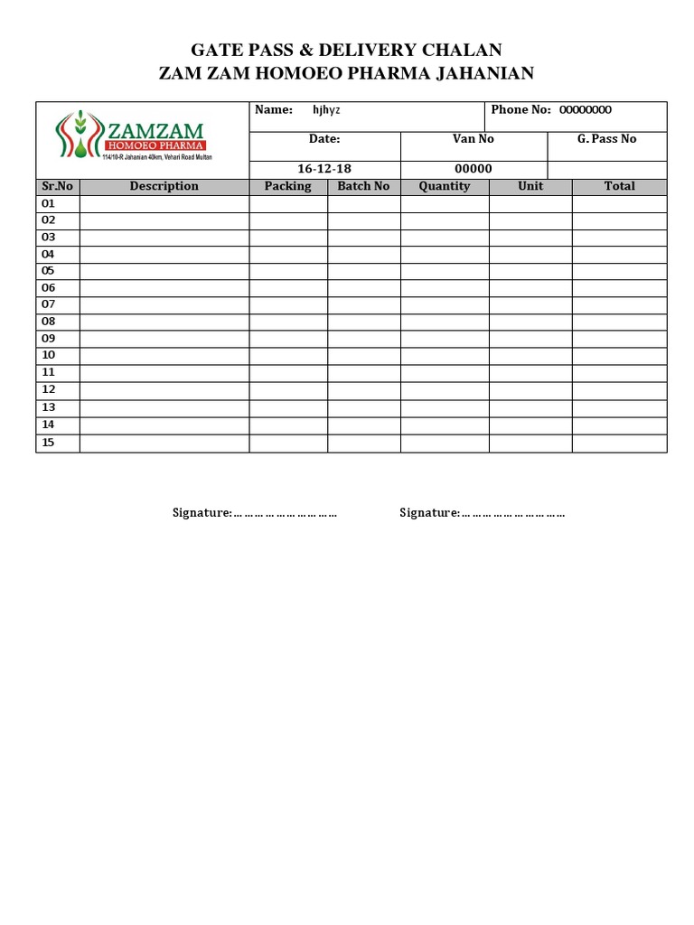 Gate Pass & Delivery Chalan Zam Zam Homoeo Pharma Jahanian | PDF