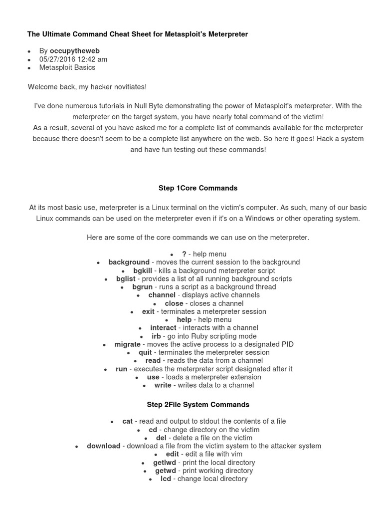 The Ultimate Command Cheat Sheet For Metasploit | PDF | Microsoft ...