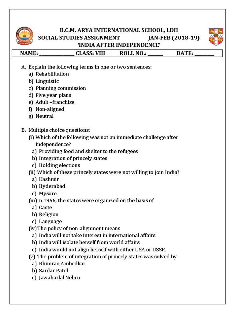 B.C.M. Arya International School, LDH Social Studies Assignment JAN-FEB ...
