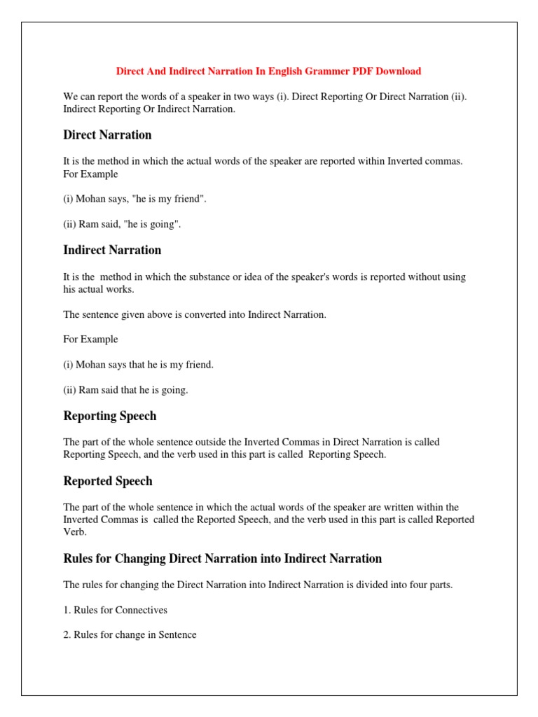 Direct and Indirect Narration Rules | PDF | Verb | Syntactic Relationships