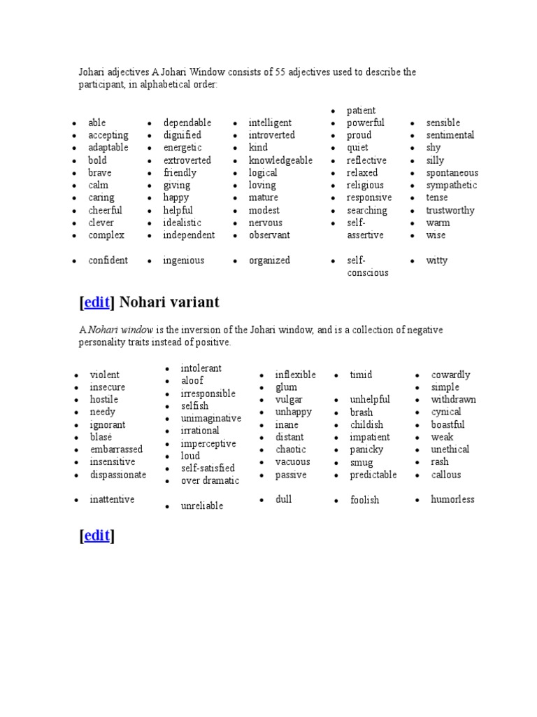 Johari Nohari Words | PDF | Personality Traits | Psychology