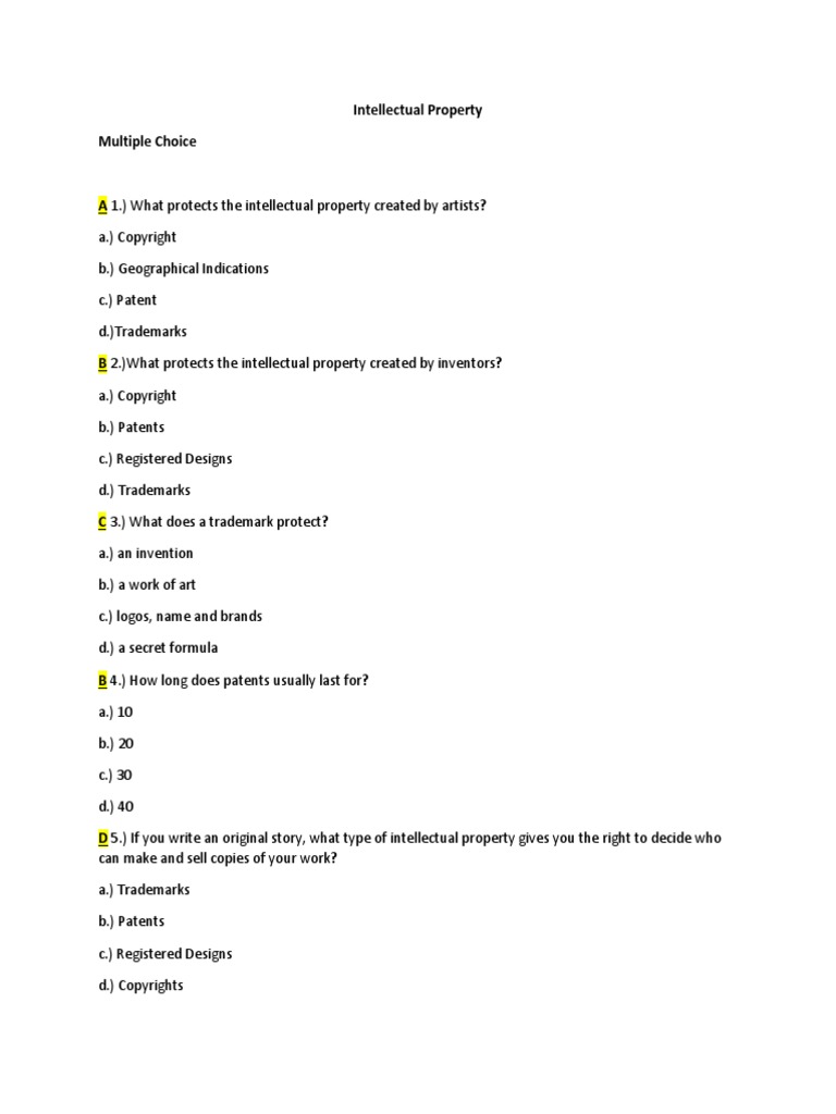 Intellectual Property Quiz | PDF | Intellectual Property | Patent