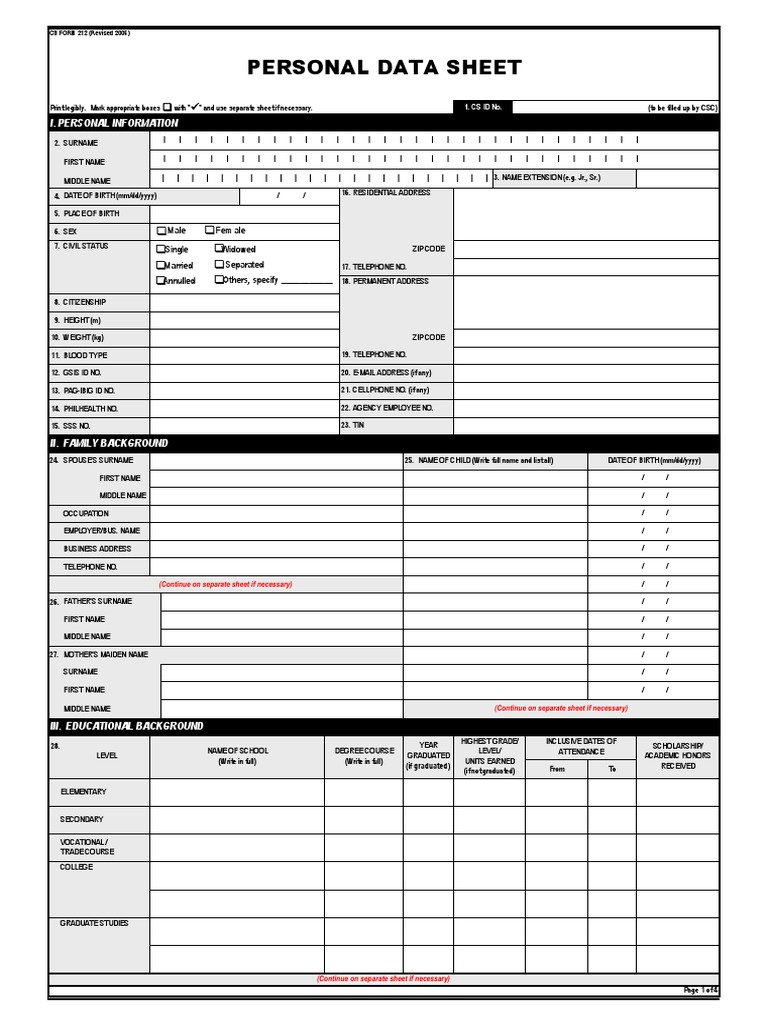 Personal Data Sheet (PDS) PDF | PDF