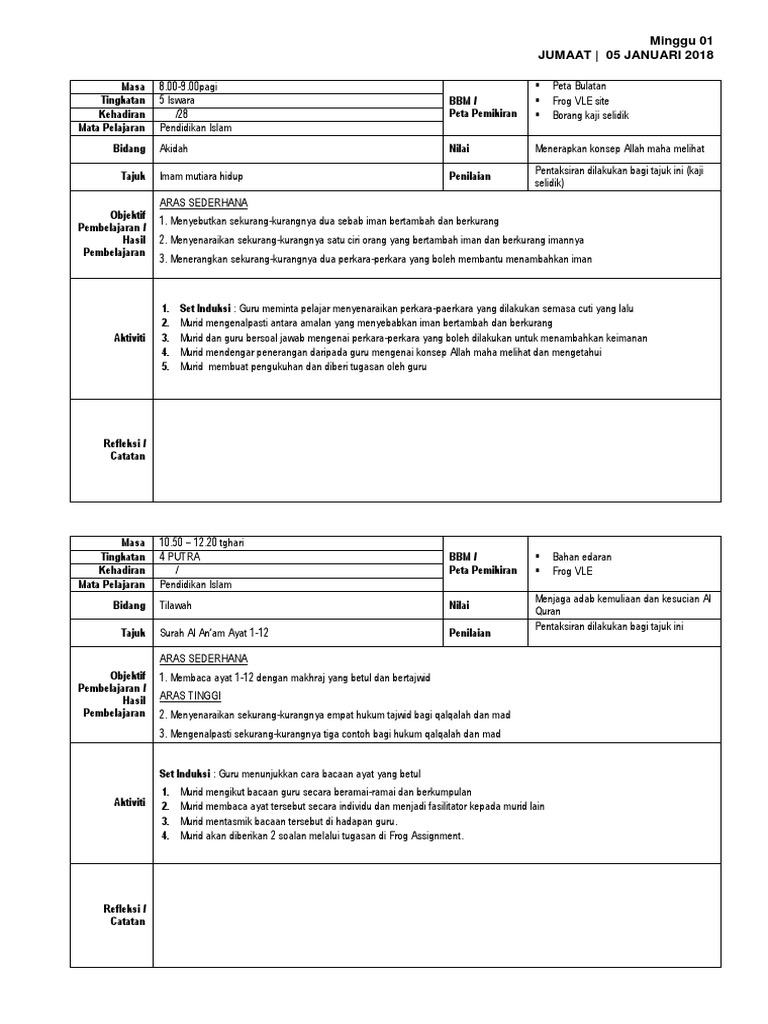 720 Templat Pelaporan PBD KSSM Tingkatan 1 Pendidikan Islam v2 | PDF