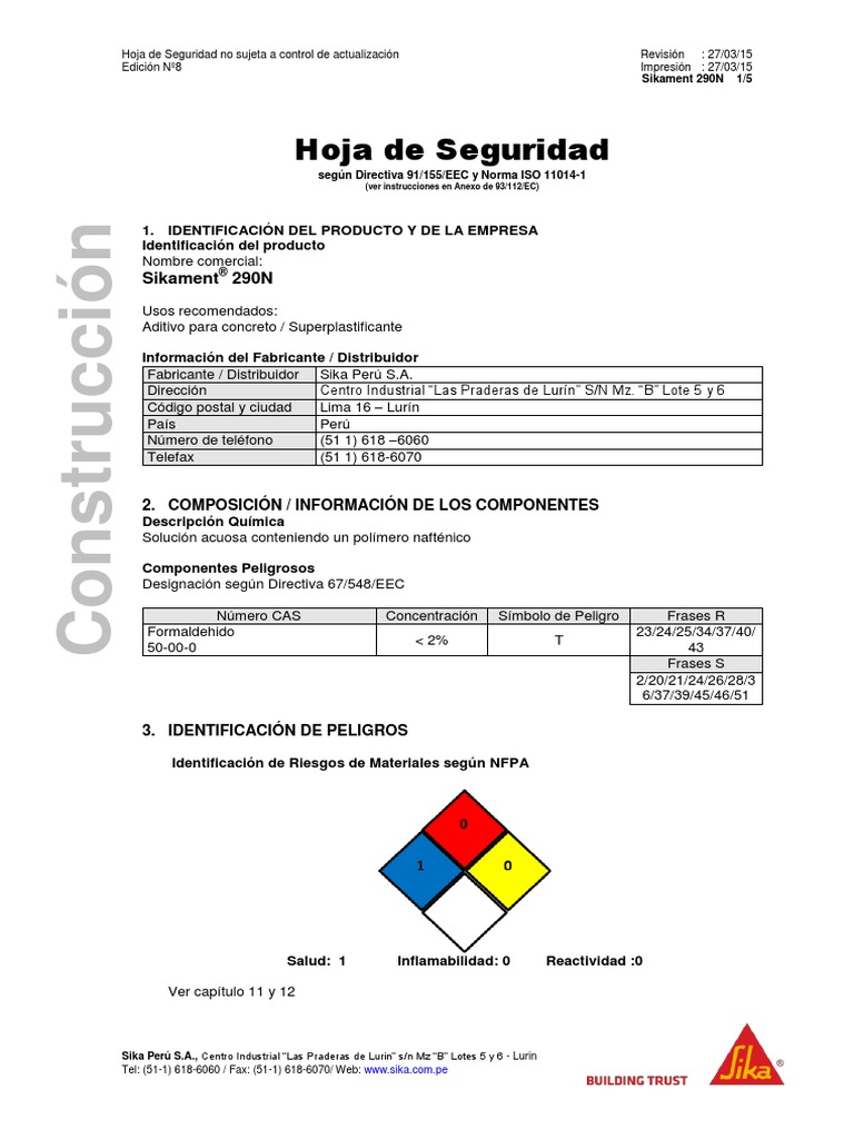 MSDS Sikament 290N PDF | PDF | Dióxido de azufre | Amoníaco